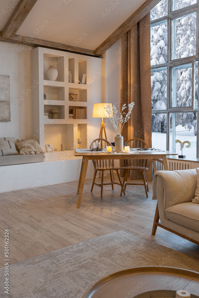 cozy warm home interior of a chic country chalet with a huge panoramic ...