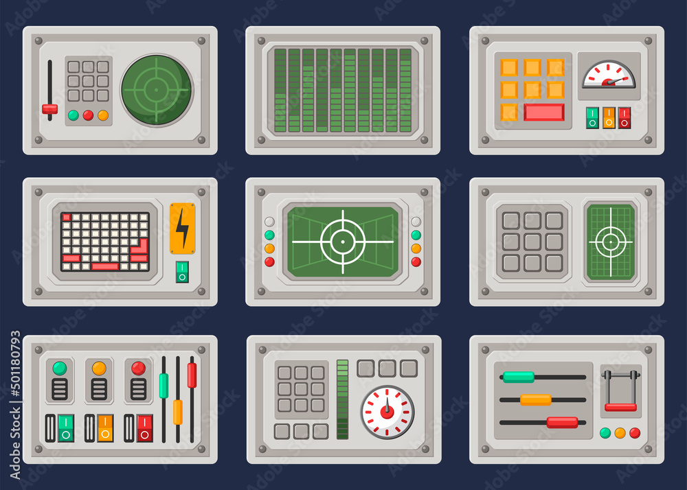 Different control panels cartoon illustration set. Retro consoles with ...