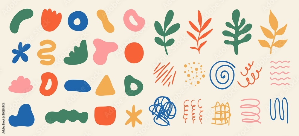 Set of various abstract shapes, doodles and plants. Hand drawn doodles ...