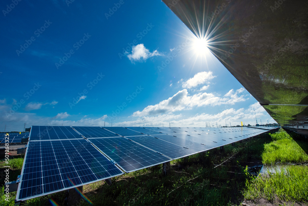 Photovoltaic modules solar power plant on dramatic sunset sky ...