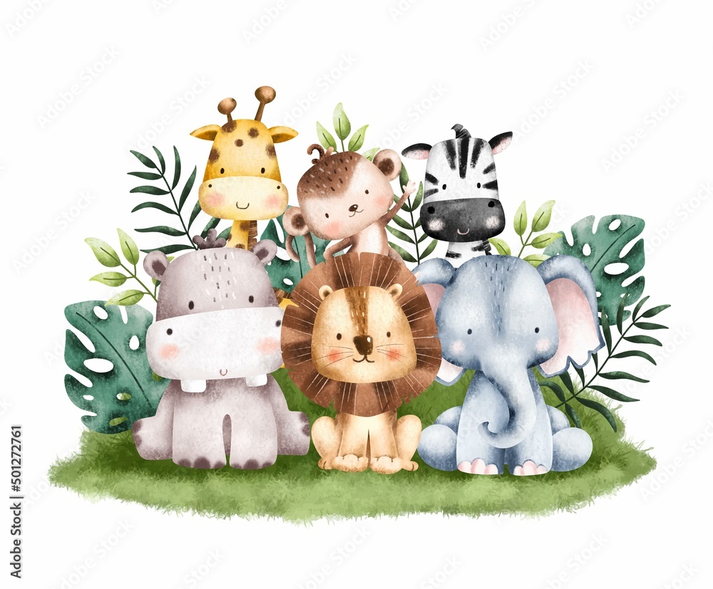Vector de Stock Watercolor Illustration Safari Animals Illustration ...