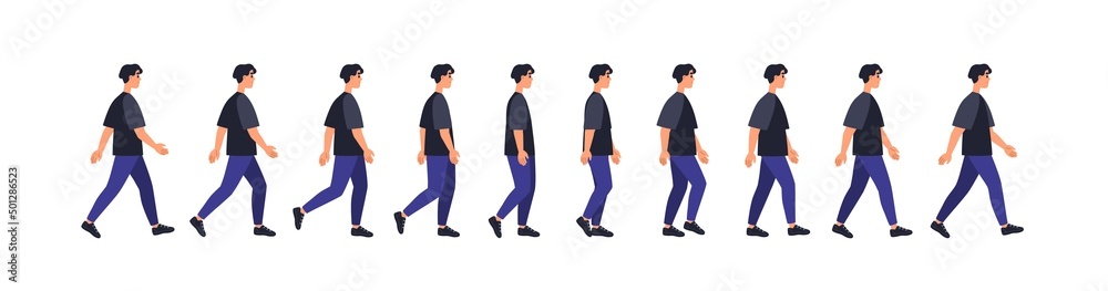 Full walk cycle sequence animation. Man in motion, going, stepping side ...
