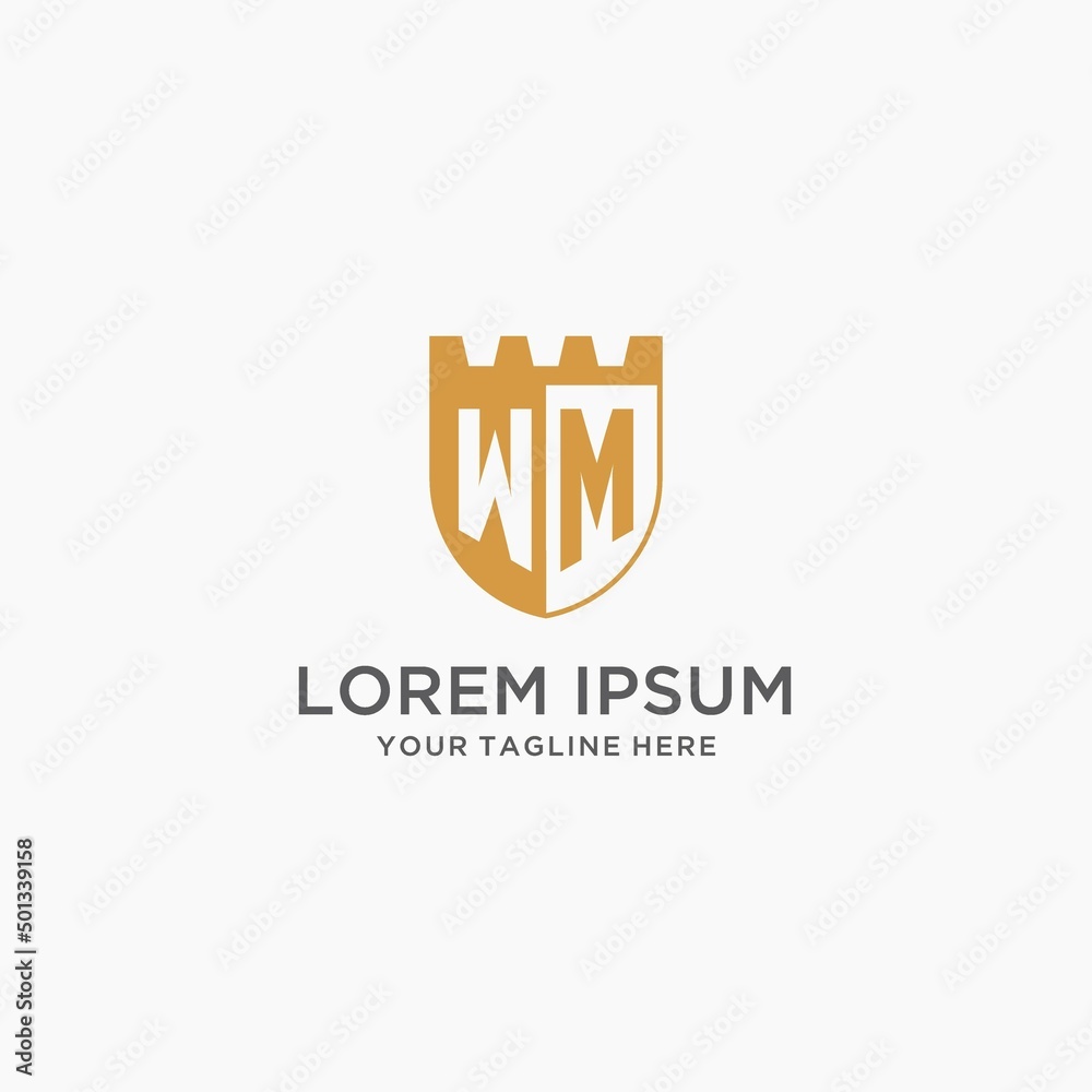 Monogram WM logo with shield and fort, elegant luxury initial logo ...
