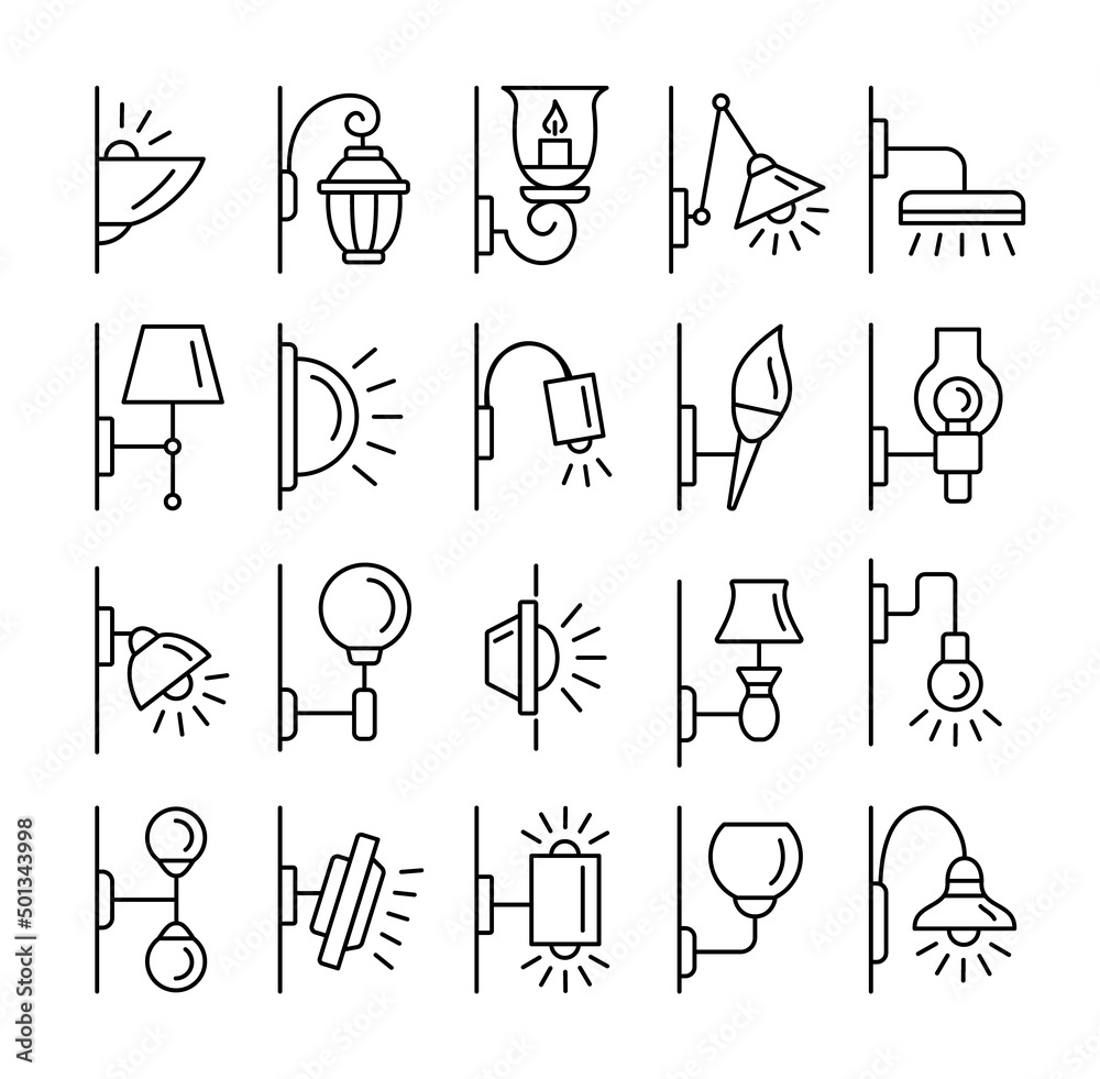 Sconces. Line icon set. Different types of exterior and interior wall ...
