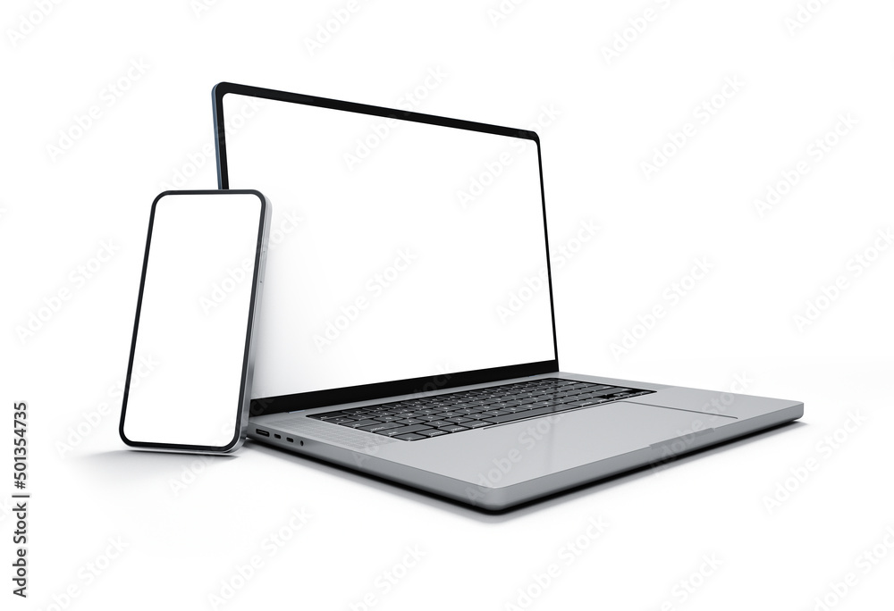 Laptop and smartphone device with blank screen, isolated on white ...