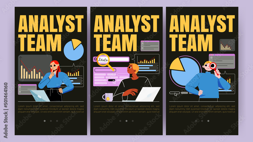 Analysts team mobile app onboard screen pages. Business concept with office people analysing ...