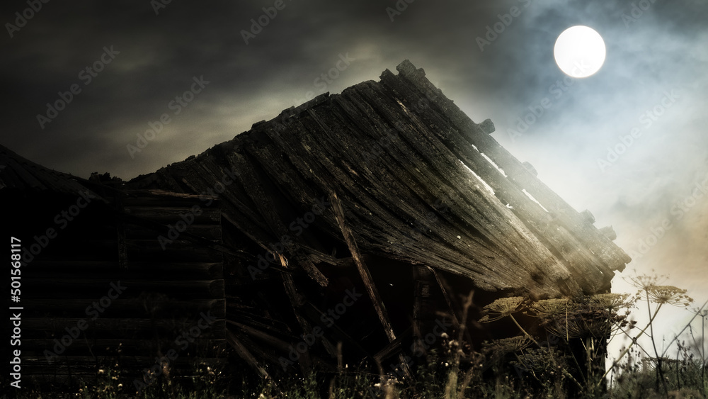 Photo Stock Old wooden rickety house with sagging roof in moonlight ...
