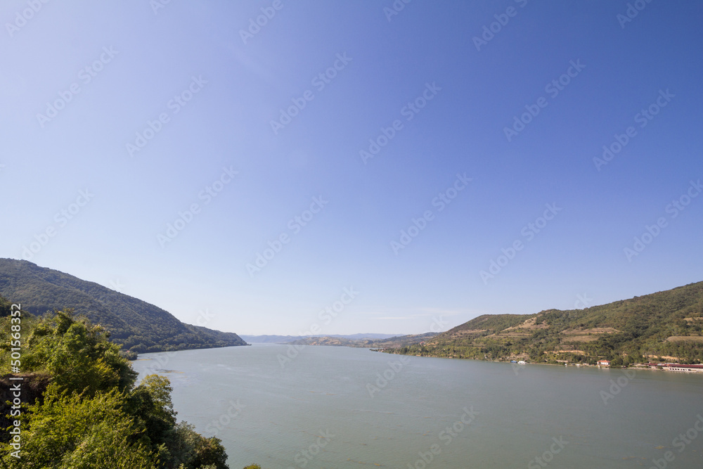 Danube river near the Serbian city of Donji Milanovac in the Iron Gates ...