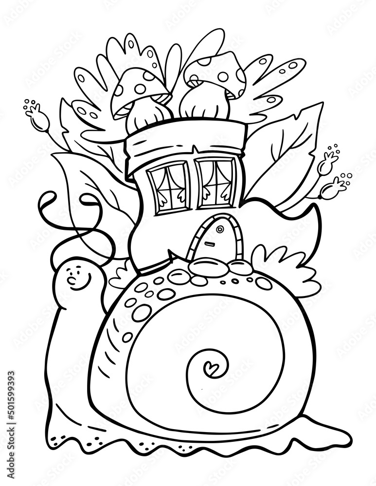 Coloring page for kids with cartoon snail and shoe house. Outline ...