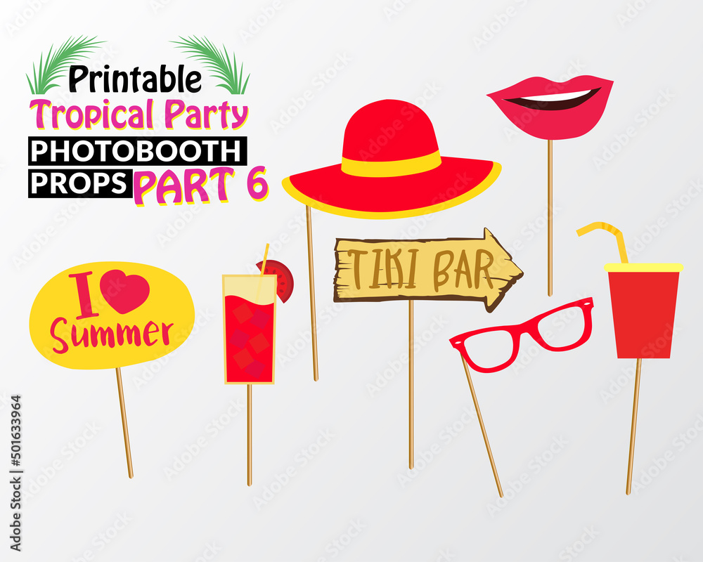 Set of printable tropical party photo booth props inspired by summer ...