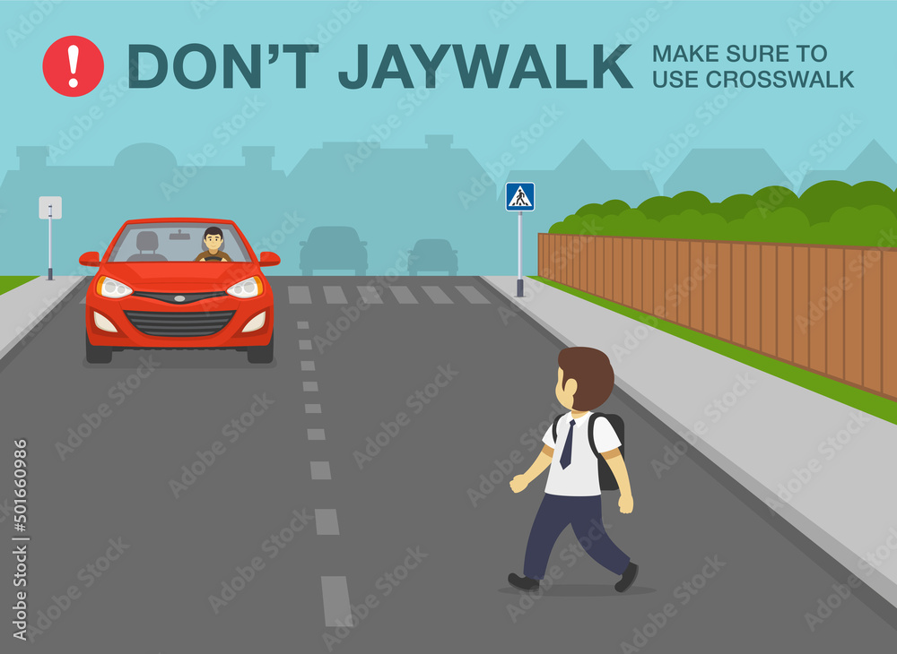 Pedestrian safety and car driving rules. Schoolboy crossing the road ...