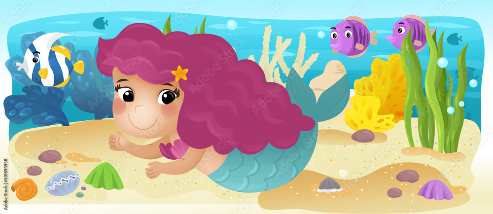 Cartoon ocean mermaid swimming with fishes Stock Illustration | Adobe Stock