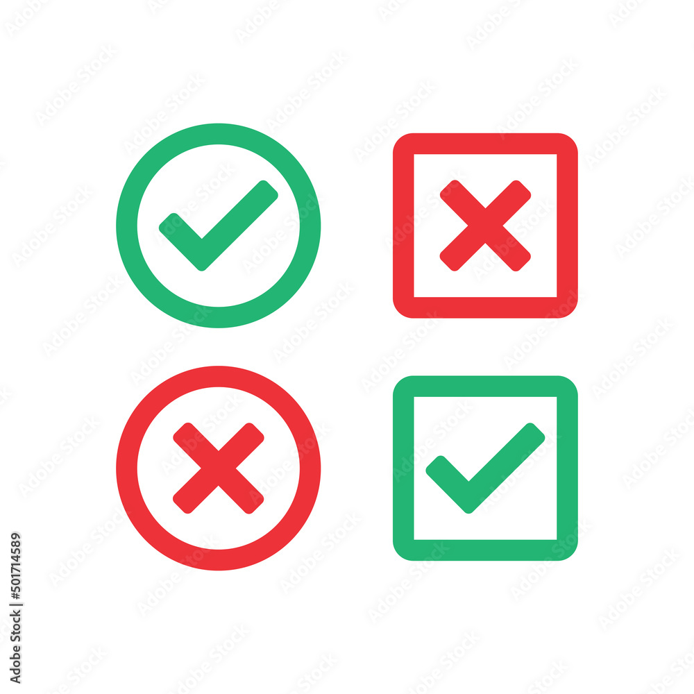 Check mark set vector icons. Green check mark and red cross symbols ...