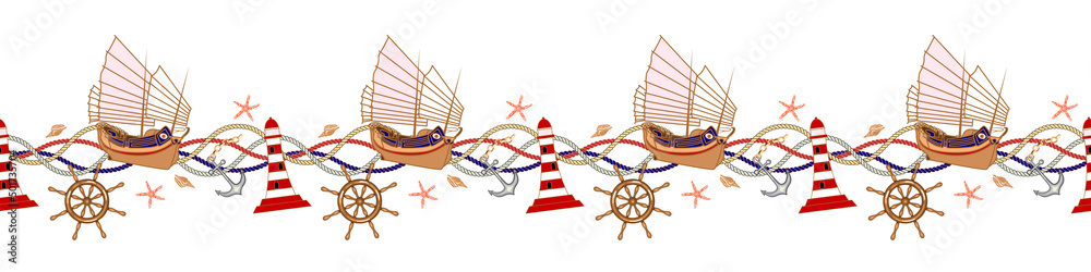 Nautical, cute marine concepts border seamless pattern design with rope ...