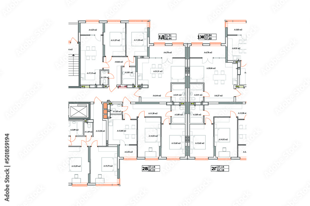 Apartment building detailed architectural technical drawing, vector ...