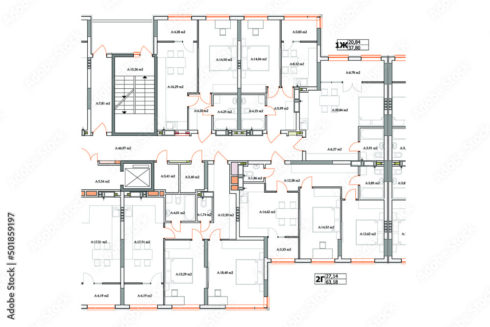 Apartment building detailed architectural technical drawing, vector ...