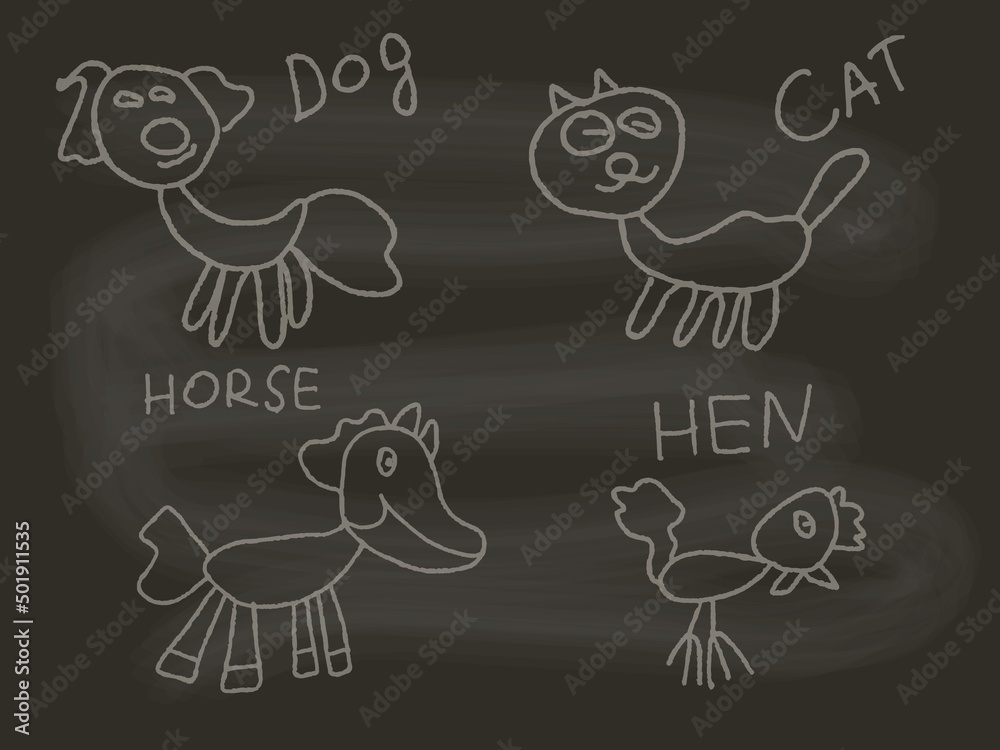 Childlike funny doodle vector design. Dog, cat, hen and horse with ...