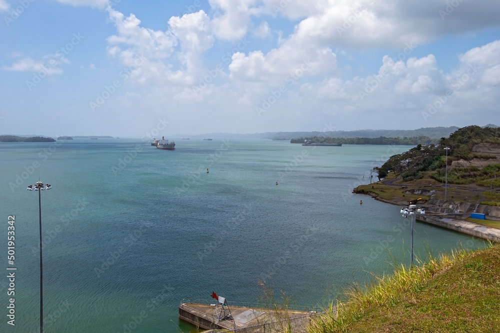 View of Panama Canal. Passage of a ship through the Panama Canal. Stock ...
