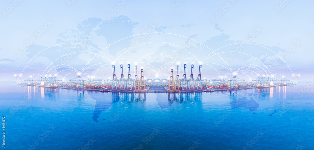 Island for Container ship loading and unloading, World map with Global ...