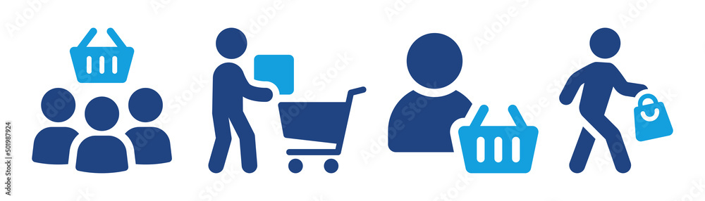 Shopper icon set. People with shopping bag icon vector illustration ...