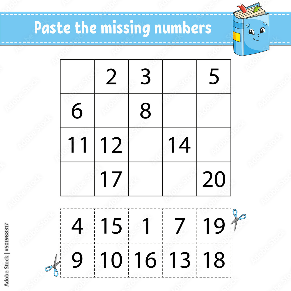 Paste the missing numbers 1-20. Game for children. Handwriting practice ...