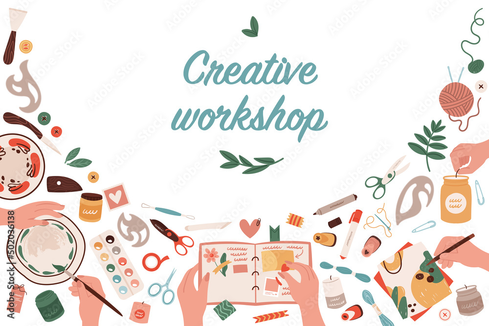 Creative art class and craft hobby workshop banner vector illustration ...