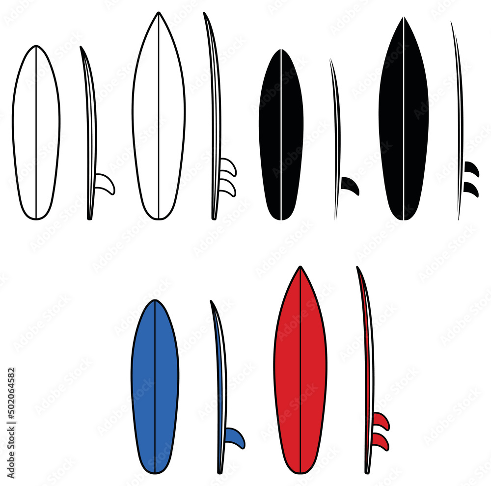 Surfboard with Fins Clipart Set - Outline, Silhouette and Color Stock ...