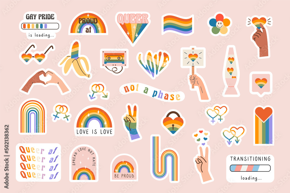 Vector set of LGBTQ community symbols with retro rainbow flag colored ...