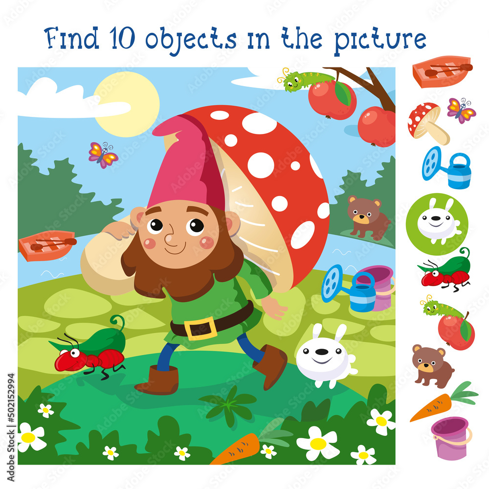 Find 10 hidden objects. Educational game for children. Vector color ...