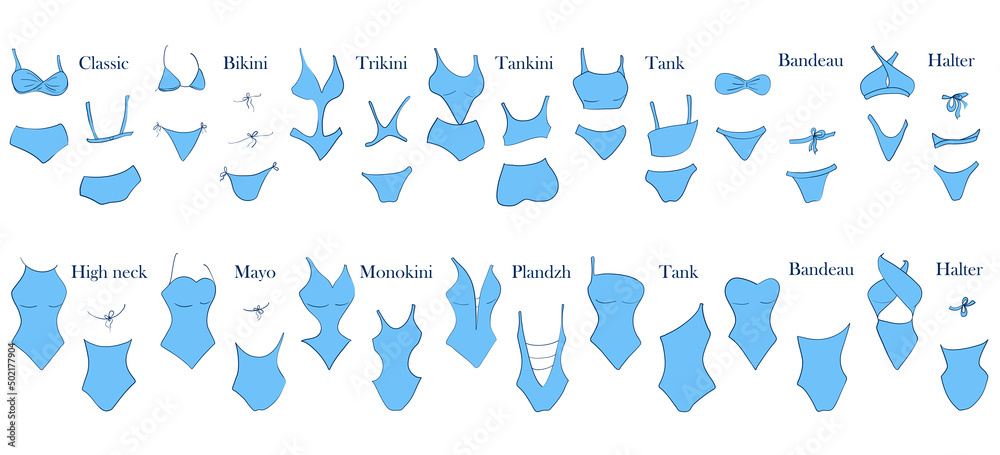 Types of women's swimwear. Illustration of a one-piece and a two-piece ...
