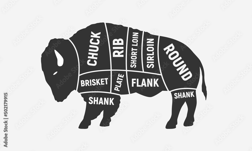Butcher diagram, scheme set. Cuts of Bison. Bison silhouette isolated ...