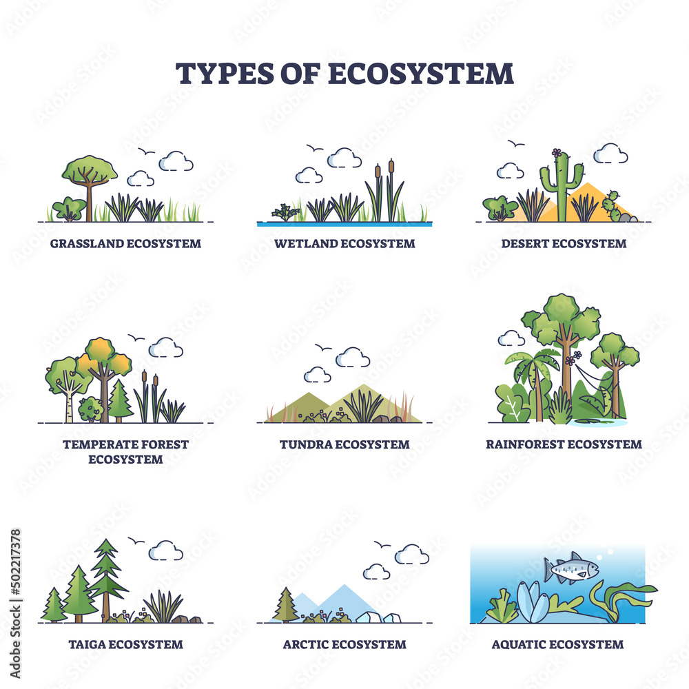 Types of ecosystem with various climate habitats outline collection set ...