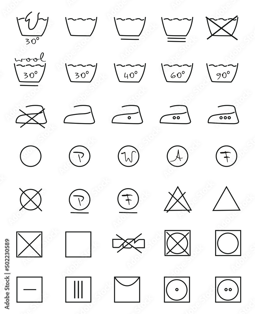 Clothes care icon set. Laundry symbols. Simple black hand drawn vector ...