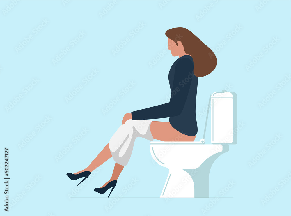 Thoughtful young woman pissing or pooping in WC. Girl sitting on toilet ...