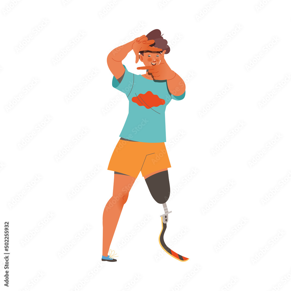 Man Character with Artificial Limb Showing Hand Gesture with Fingers ...