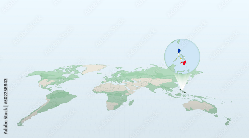 World map in perspective showing the location of the country ...