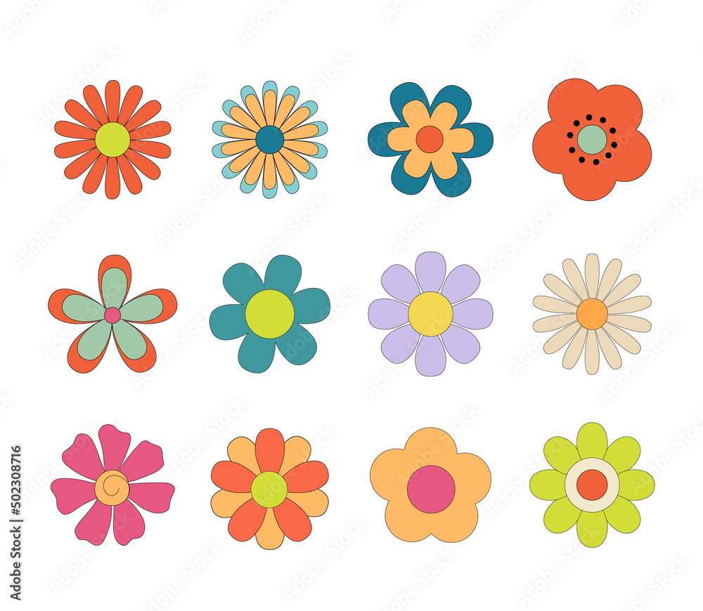 Groovy retro flowers daisy set. Hippie psychedelic stickers in 1970 ...