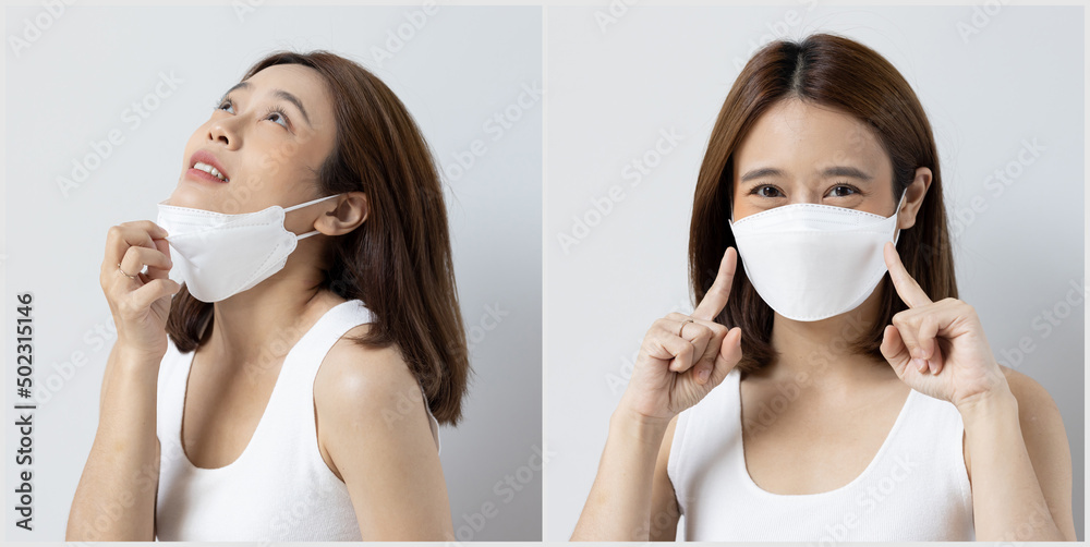 Suffocating young woman taking a breath out of face mask and still ...