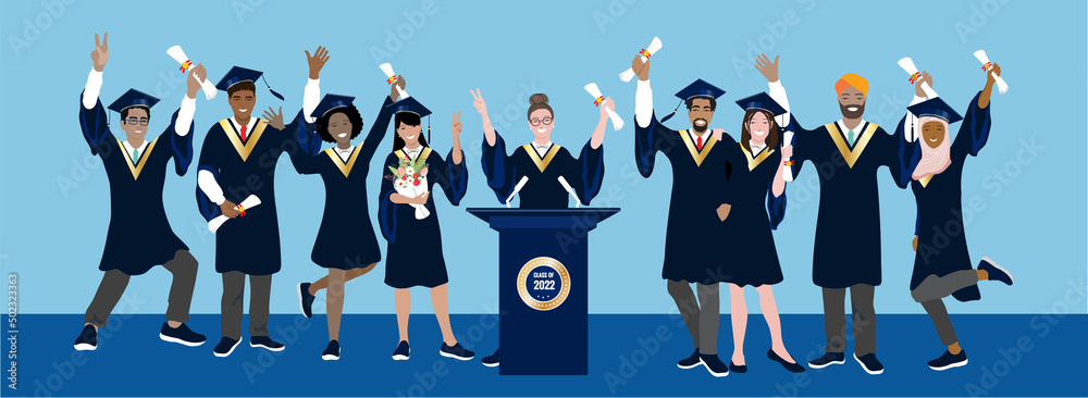 Graduation celebration, motivational speech concept. Flat style group ...