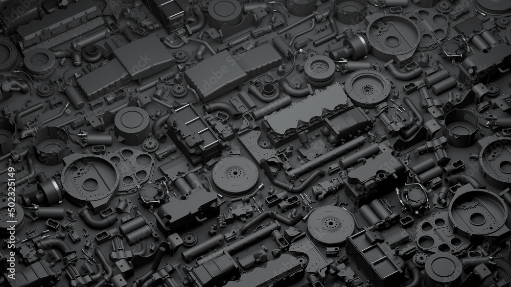 Dark mechanical wallpaper. 3d render vehicle parts pattern. Black ...