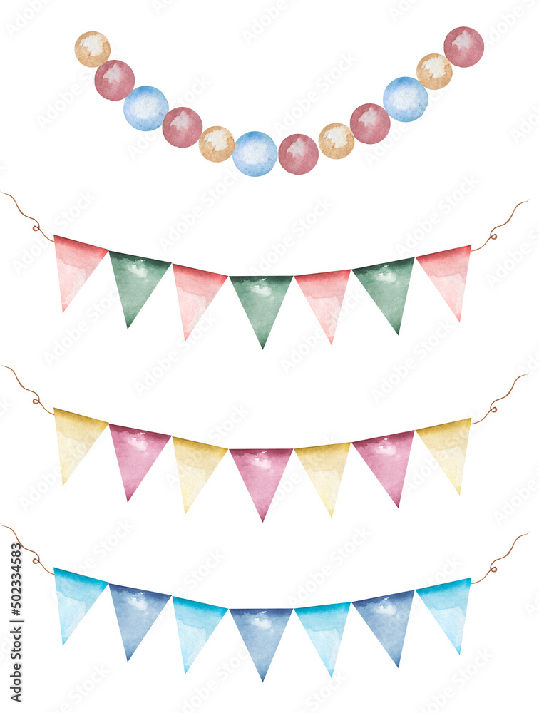 Watercolor party decoration clipart set, colorful flags illustration ...