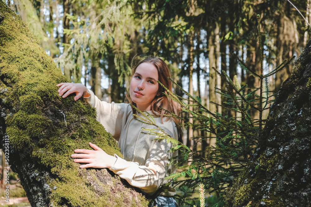 woman love nature hugging a pine tree, no deforestation concept and ...