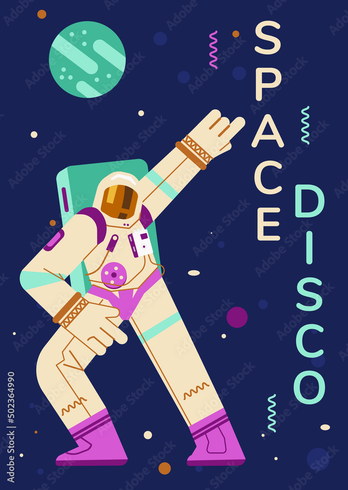 Astronaut dancing disco in outer space, trendy poster template, flat ...
