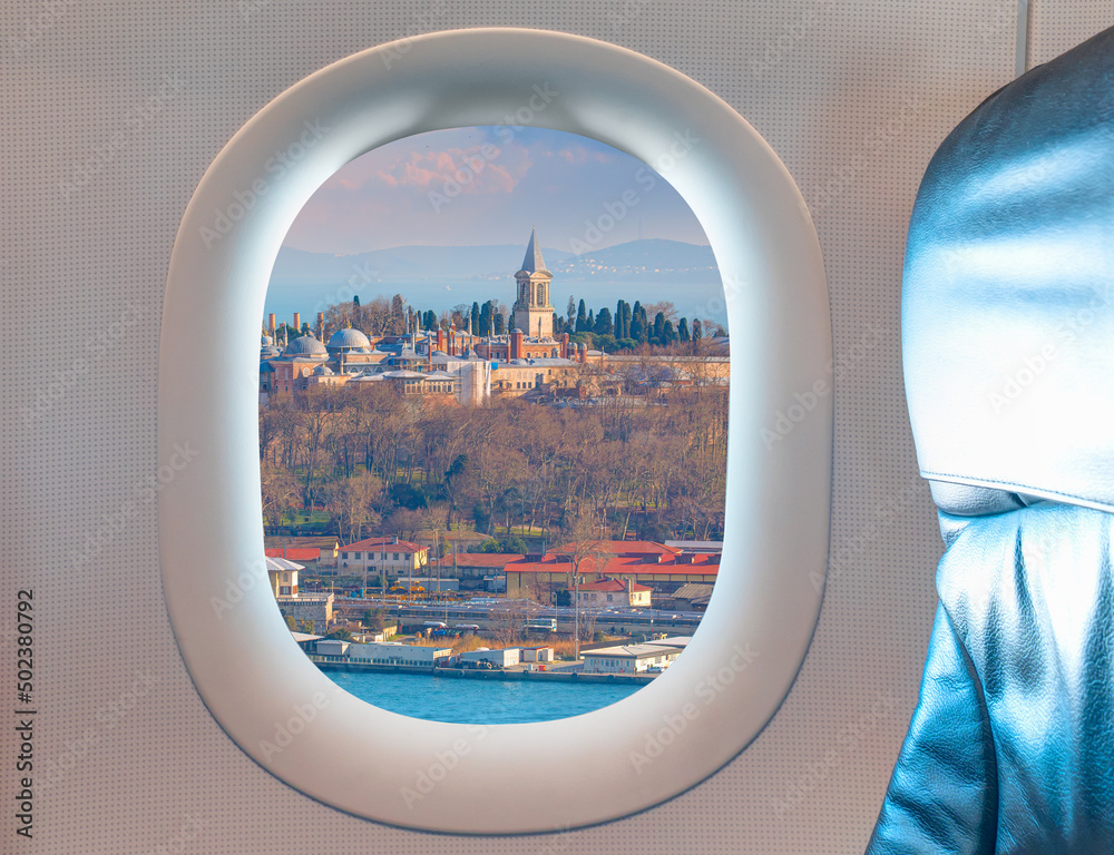 Topkapi Palace as seen through window of an aircraft - Istanbul, Turkey ...