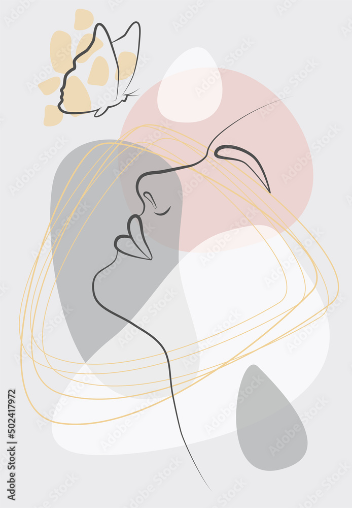 Abstract face with a butterfly. Fashionable print. Minimalist female ...