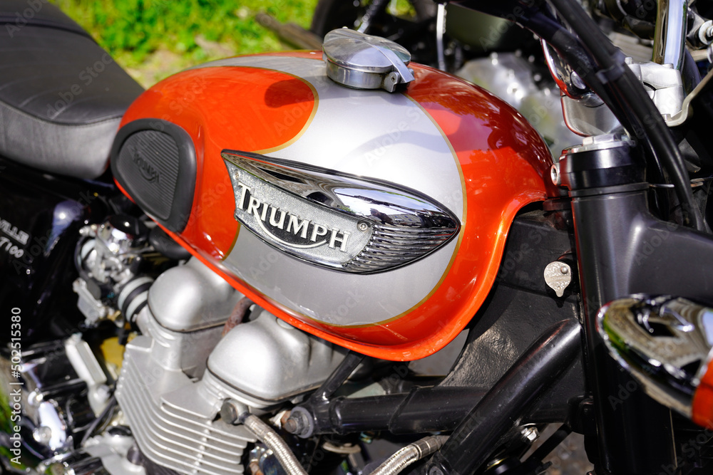 Triumph bonneville fuel tank detail of t100 motorcycle logo sign and ...