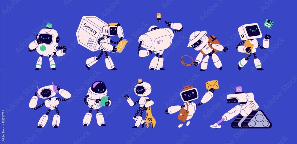 Stock-Vektorgrafik „Robots set with cute screen faces. Futuristic smart androids assistants at ...