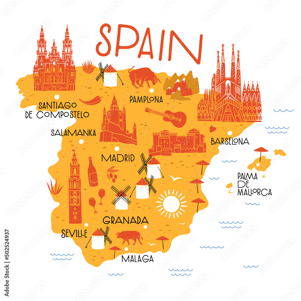 Decorative map of Spain with traditional white windmills and cathedrals ...