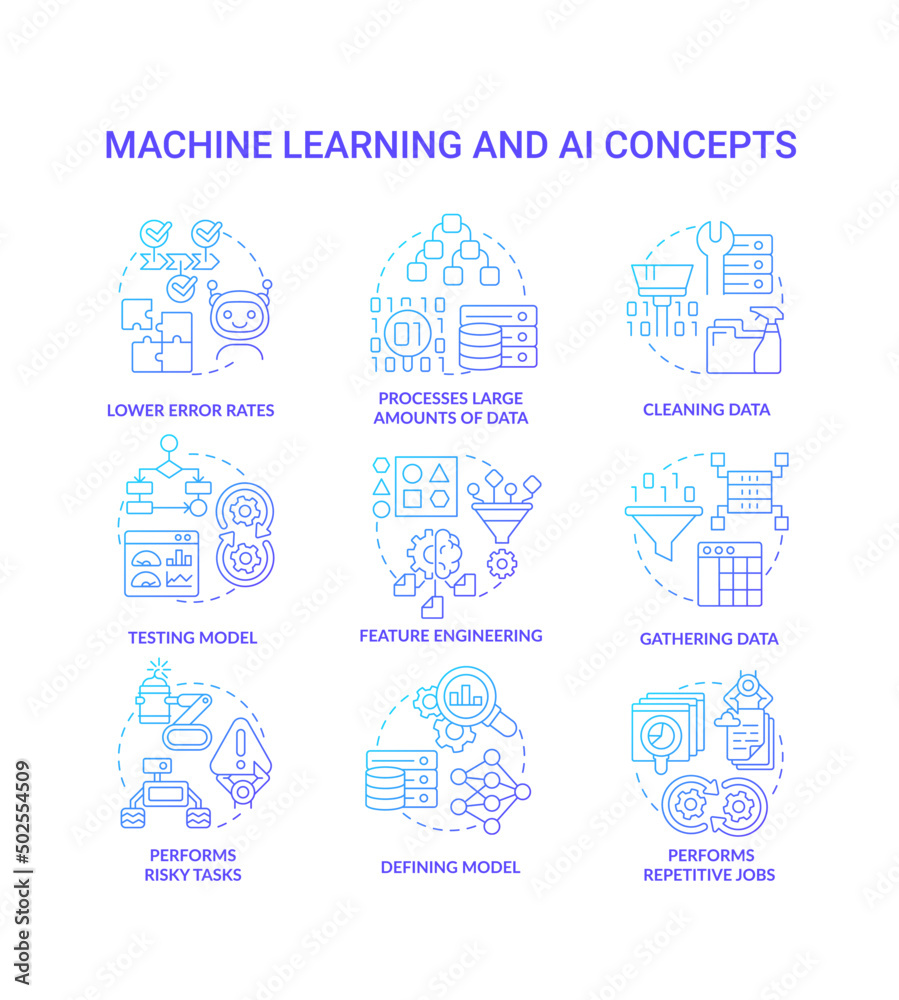 Machine learning and AI blue gradient concept icons set. Artificial ...