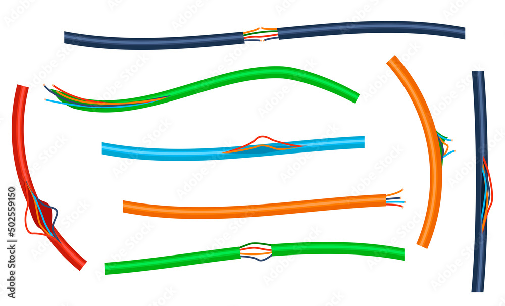 Damaged wires of different colors vector illustrations set. Broken or ...